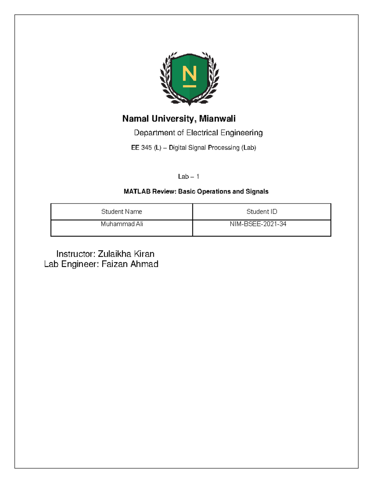 DSP Lab1 Report - Namal University, Mianwali Department of Electrical Engineering EE 345 (L ...