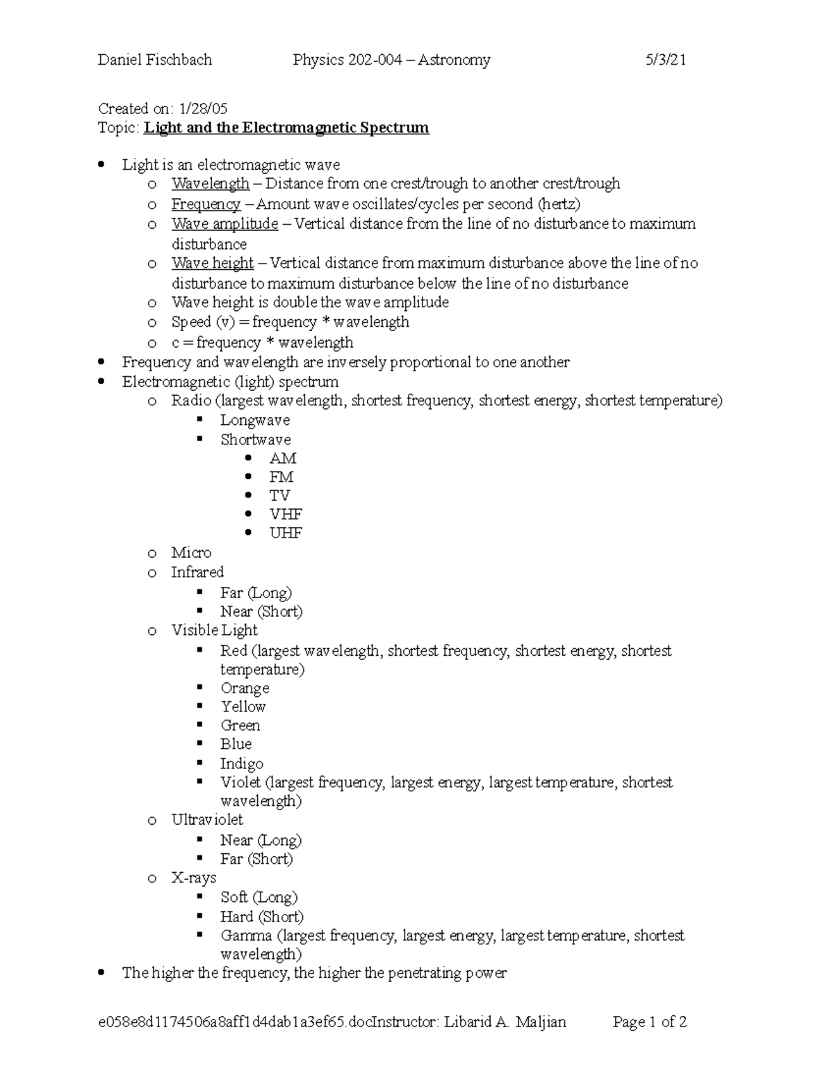 Light and the Electromagnetic Spectrum Notes - Daniel Fischbach Physics ...