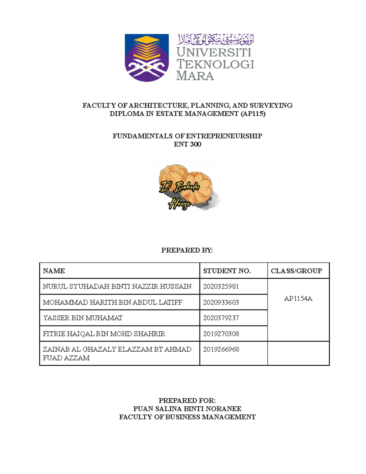 ENT300 - Business PLAN Format March 2021 - FACULTY OF ARCHITECTURE ...