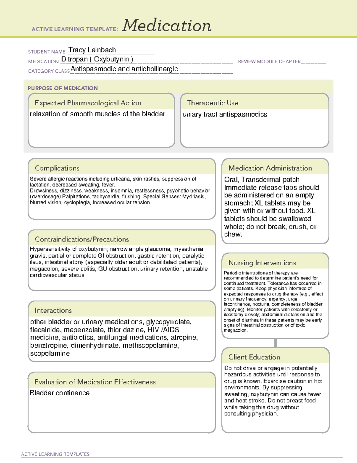 Ditropan - Med card - ACTIVE LEARNING TEMPLATES Medication STUDENT NAME ...