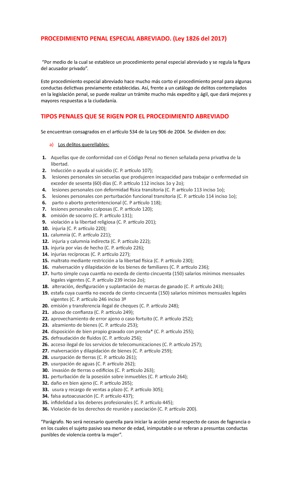 Procedimiento Penal Especial Abreviado - PROCEDIMIENTO PENAL ESPECIAL ABREVIADO. (Ley 1826 del ...