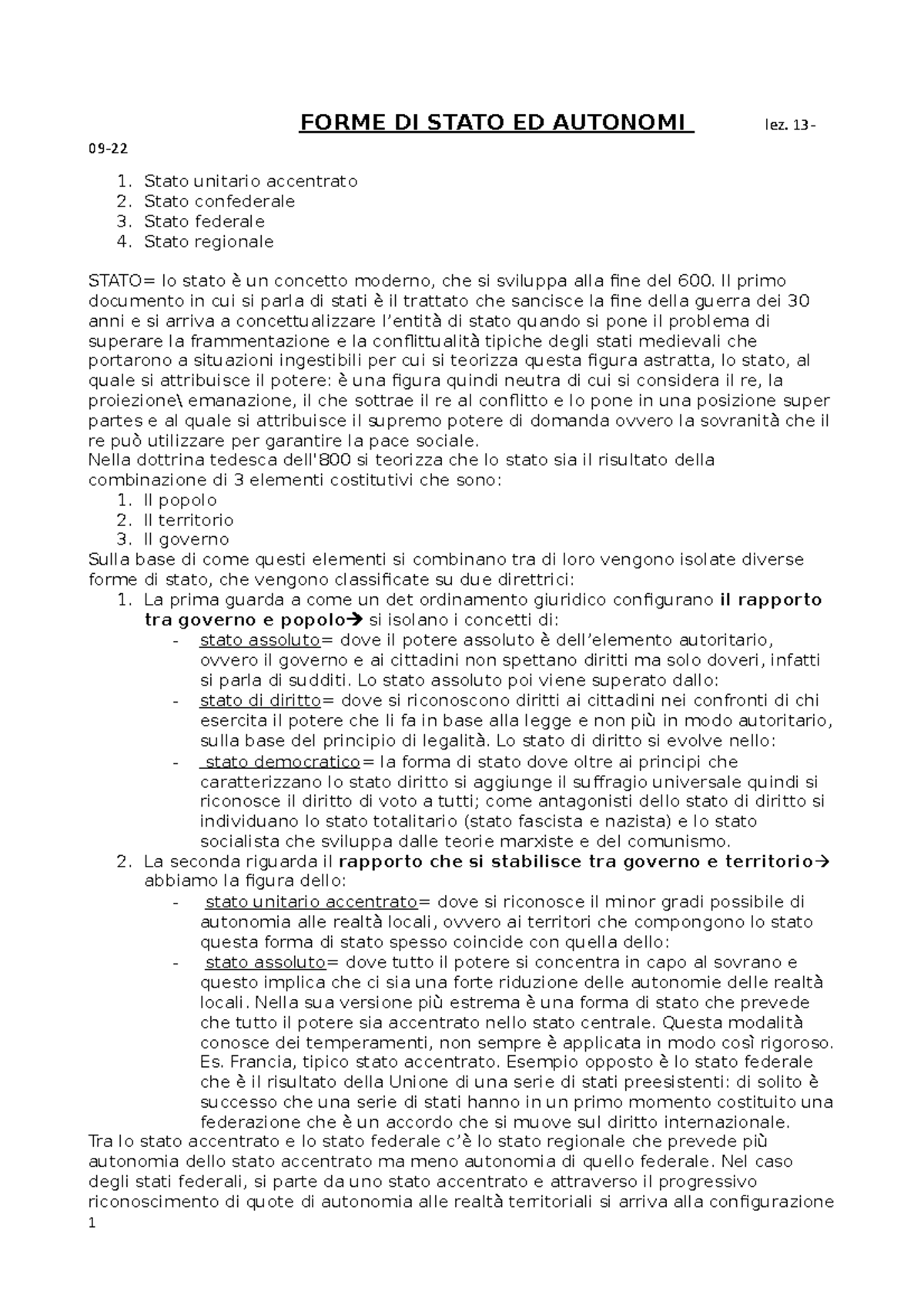 Diritto Regionale - FORME DI STATO ED AUTONOMI lez. 13- 09- Stato ...