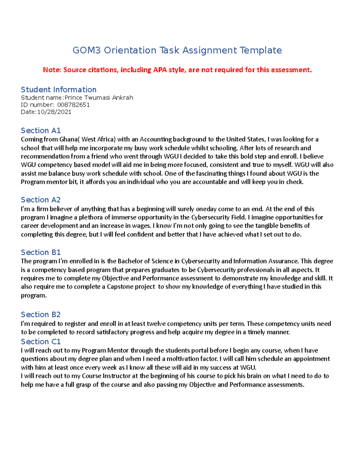 Orientation Task Performance Assessment - GOM3 Orientation Task Assignment Template Note: Source ...