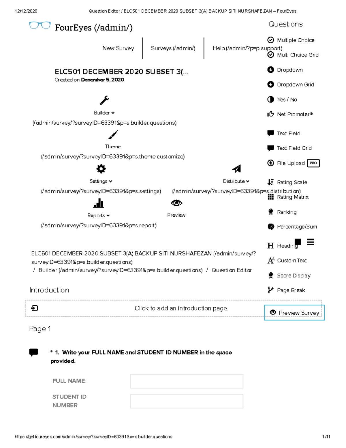 ELC Sample TEST - FourEyes (/admin/) New Survey Surveys (/admin/) Help ...