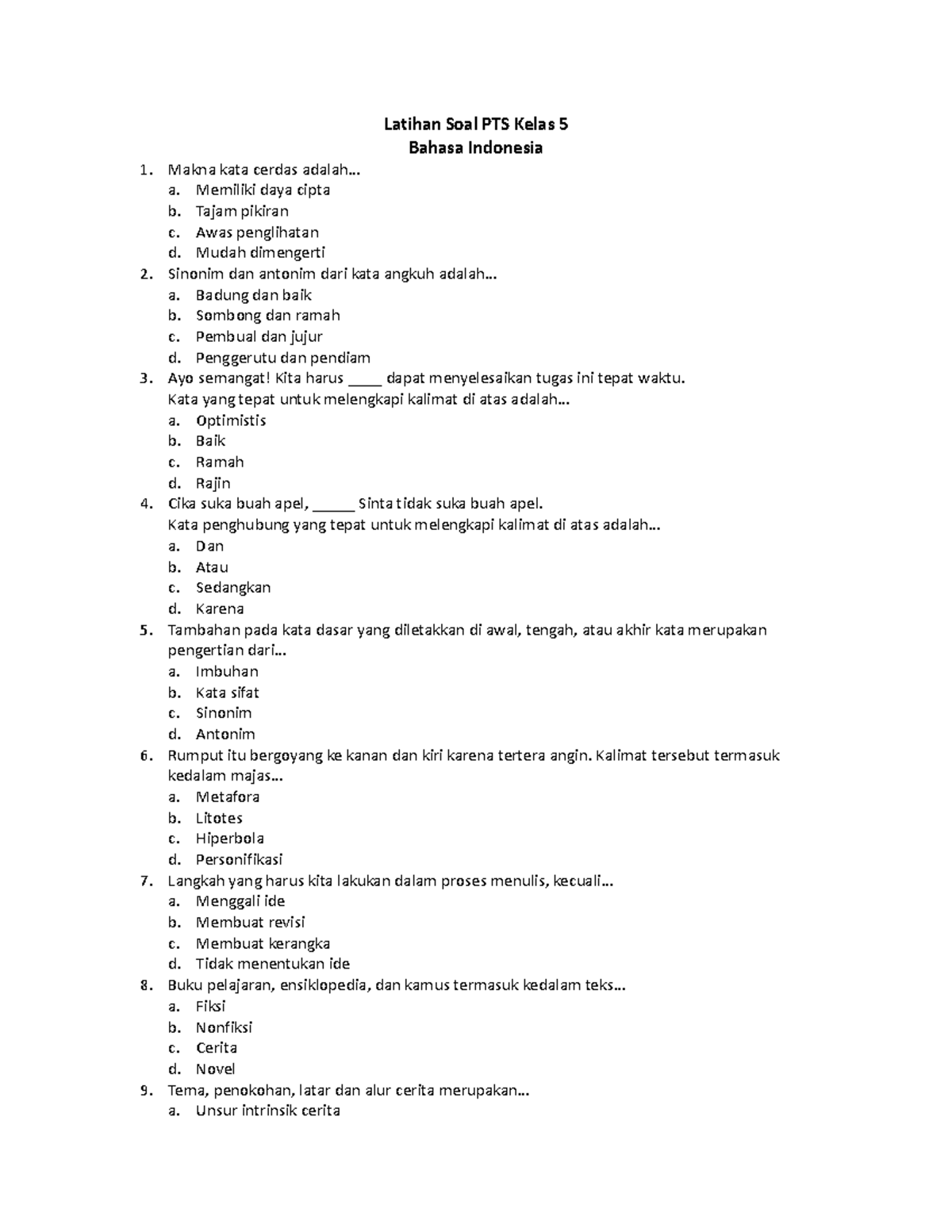 Latsol pts kls 5 - latihan soal pts - Latihan Soal PTS Kelas 5 Bahasa Indonesia 1. Makna kata ...