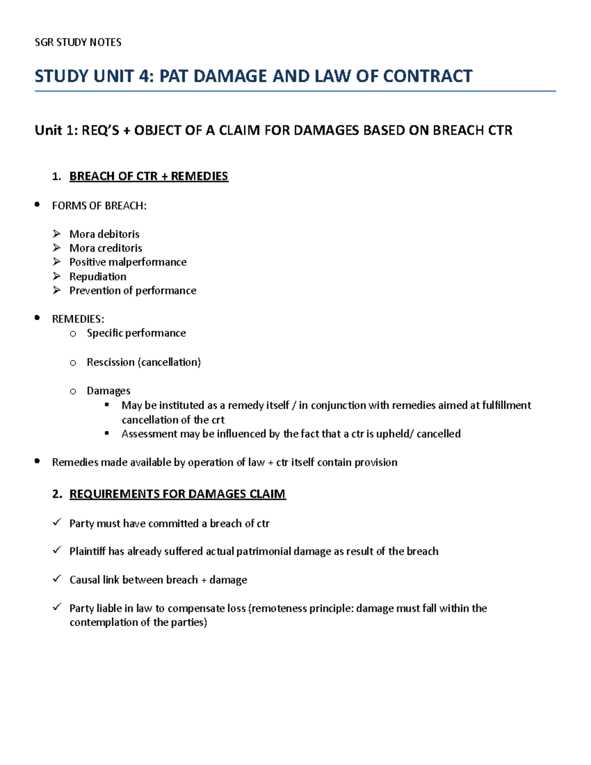 Sgr study notes unit 4 - SGR STUDY NOTES STUDY UNIT 4: PAT DAMAGE AND ...