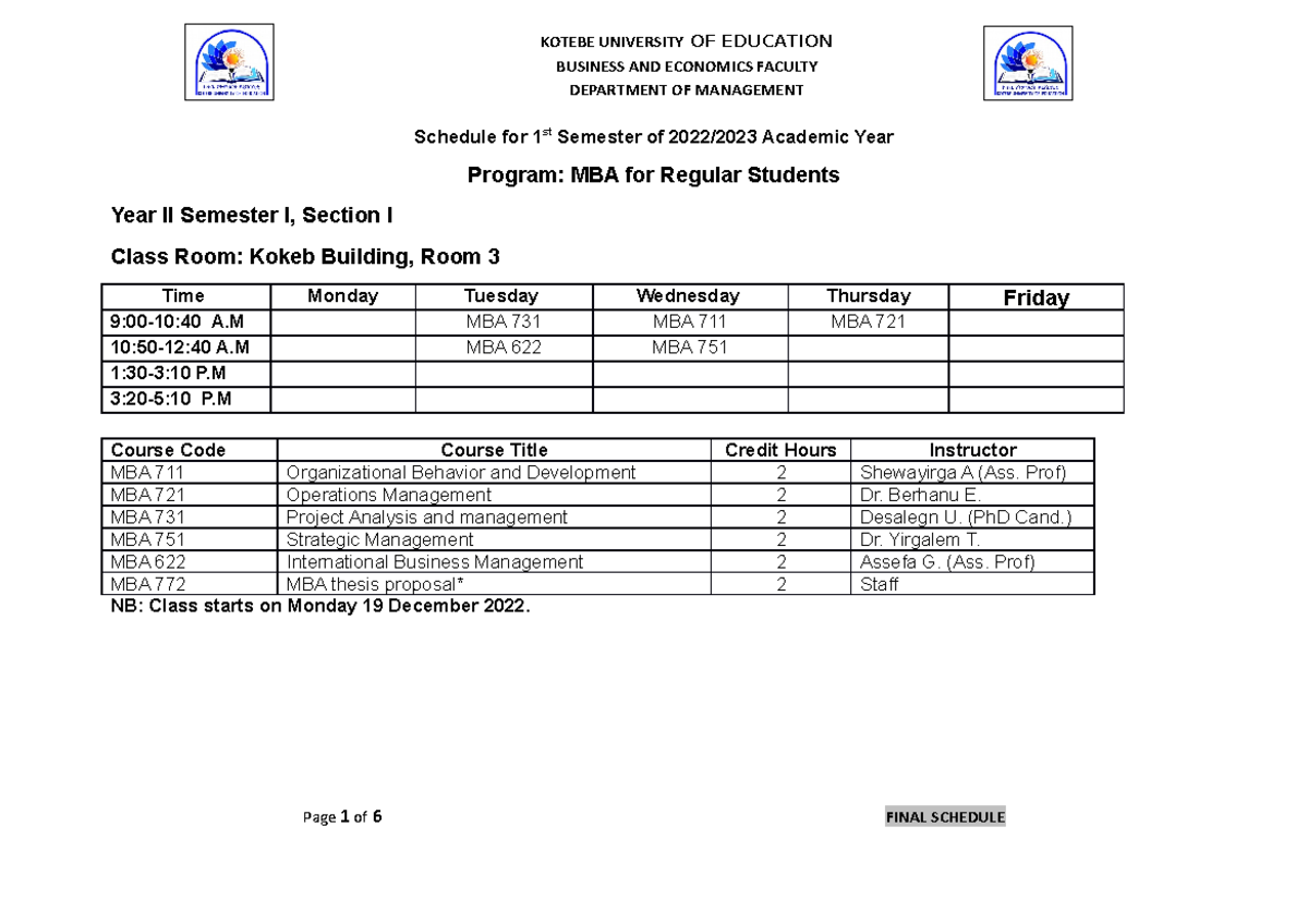 1 Final MBA 2nd Year 1st Sem Schedule 2022-23 - Schedule for 1st ...