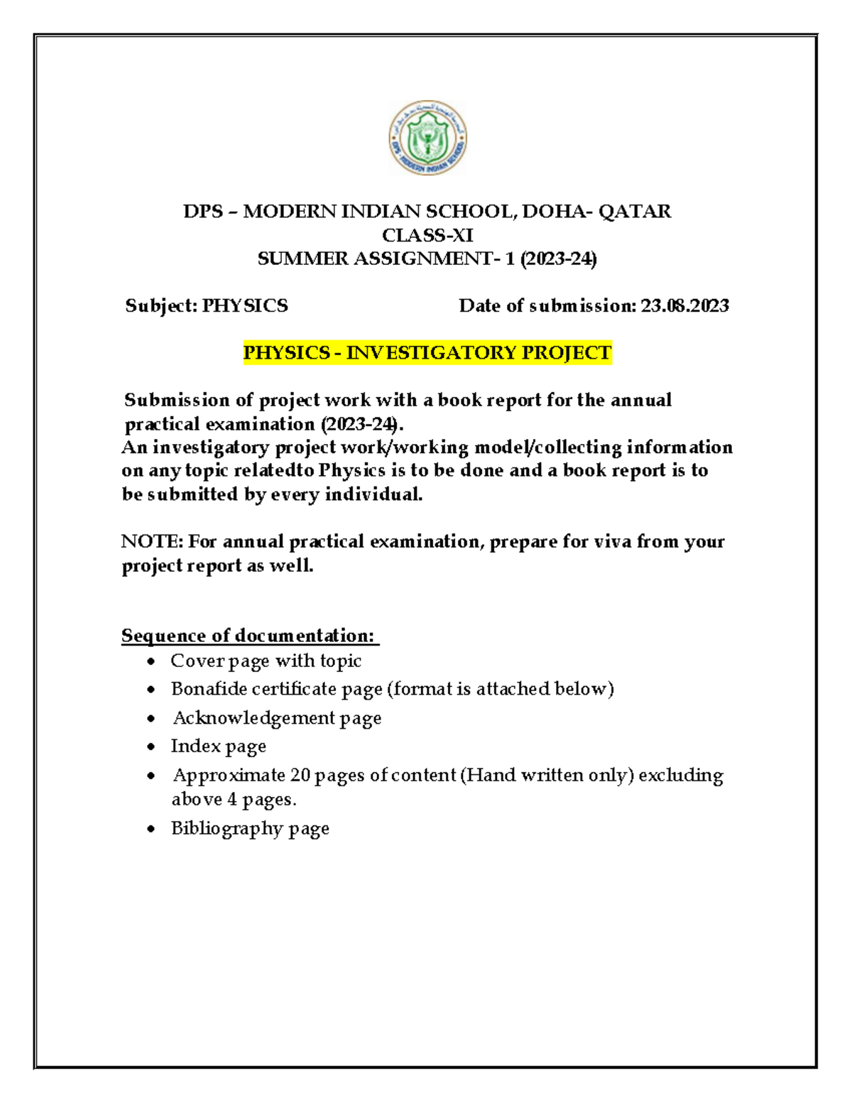 Class XI - Summer Assignment- 1 - DPS – MODERN INDIAN SCHOOL, DOHA ...