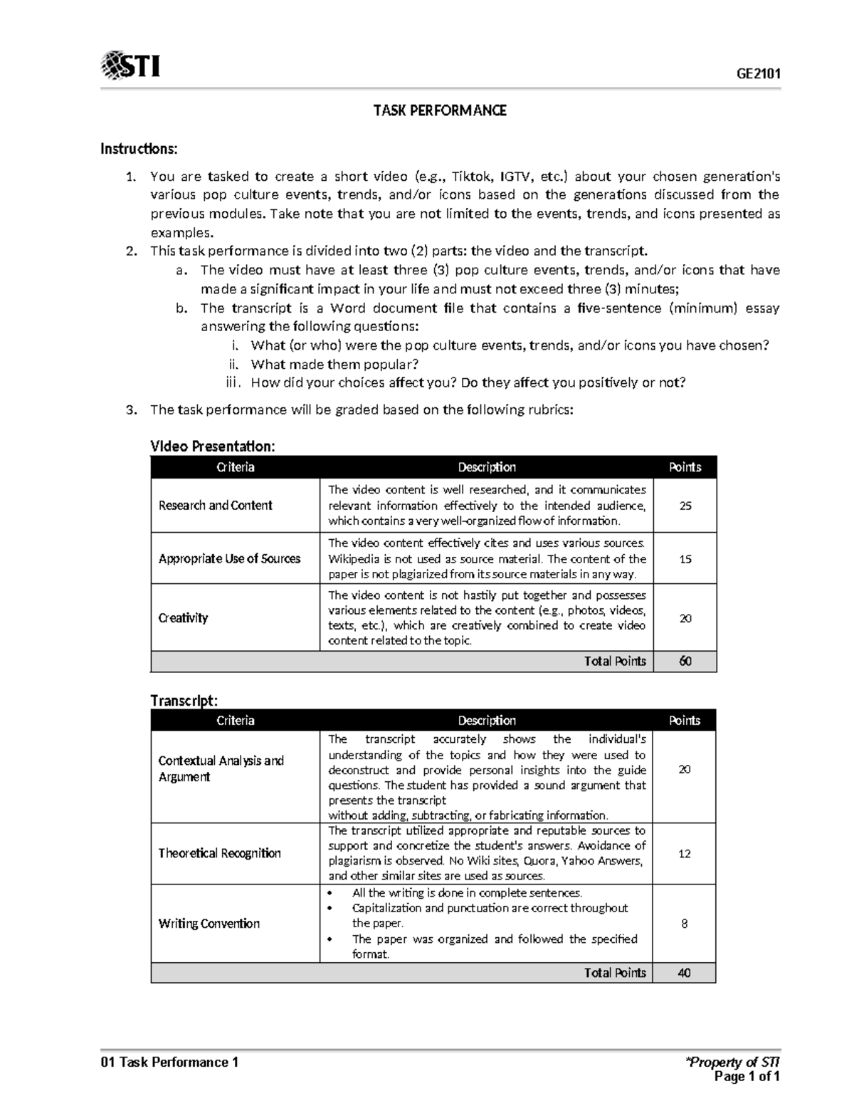 01 Task Performance 1(14) - GE TASK PERFORMANCE Instructions: 1. You ...