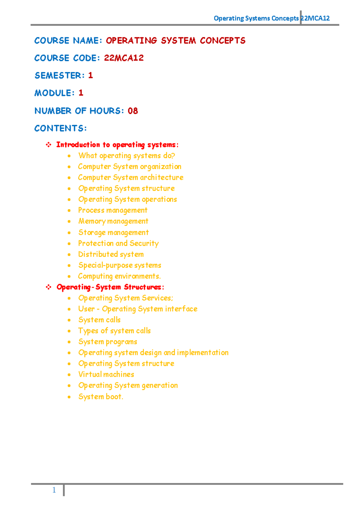 Module 1 - Thank You - COURSE NAME: OPERATING SYSTEM CONCEPTS COURSE CODE: 22MCA SEMESTER: 1 ...