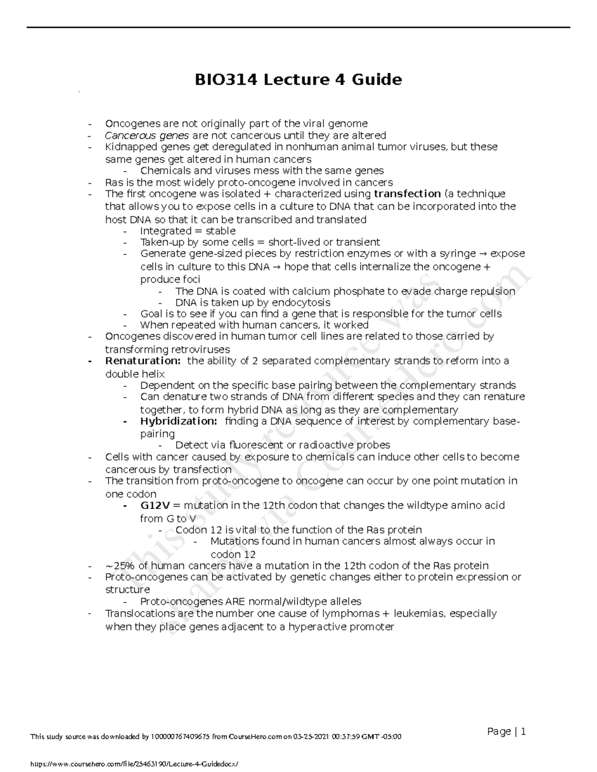 Bio 314 lec 4 notes - BIO314 Lecture 4 Guide Oncogenes are not ...
