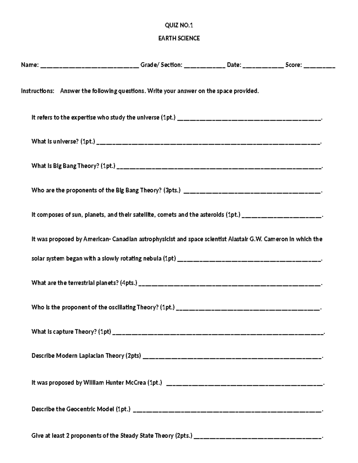 QUIZ NO 1- earth science - QUIZ NO. EARTH SCIENCE Name ...