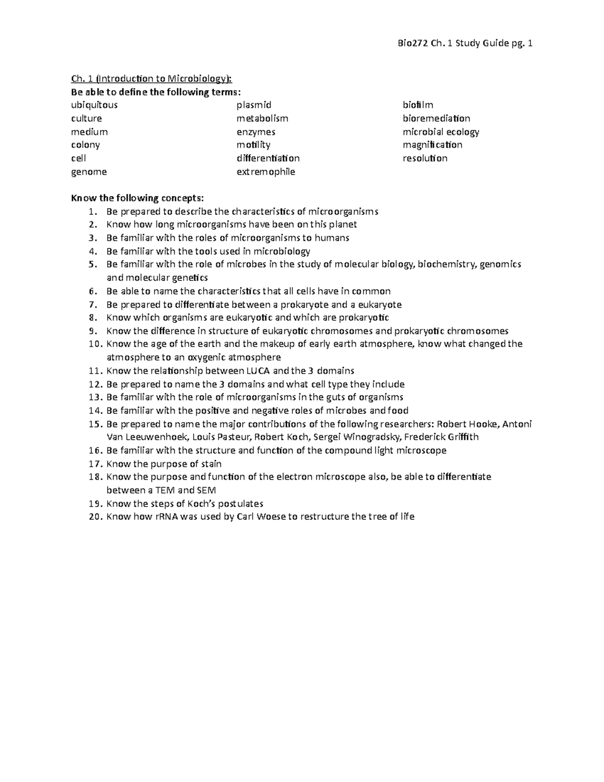 Brock Ch. 1 Study Guide - Lecture notes Ch. 1 - Bio272 Ch. 1 Study ...