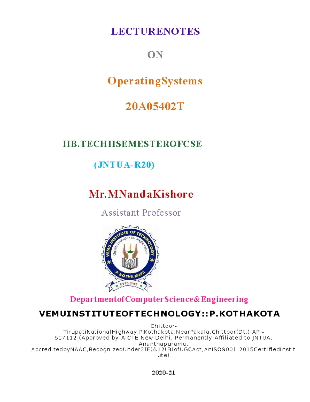 Os - LECTURE NOTES - LECTURENOTES ON OperatingSystems 20A05402T IIB ...