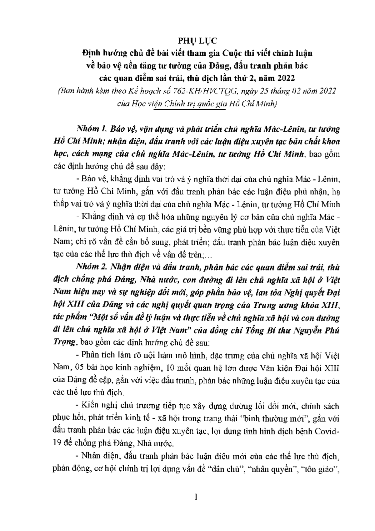 Phụ lục định hướng chủ đề - PHU LUC Dinh huong chu dê bài viét tham gia Cuoc thi viet chính luân ...