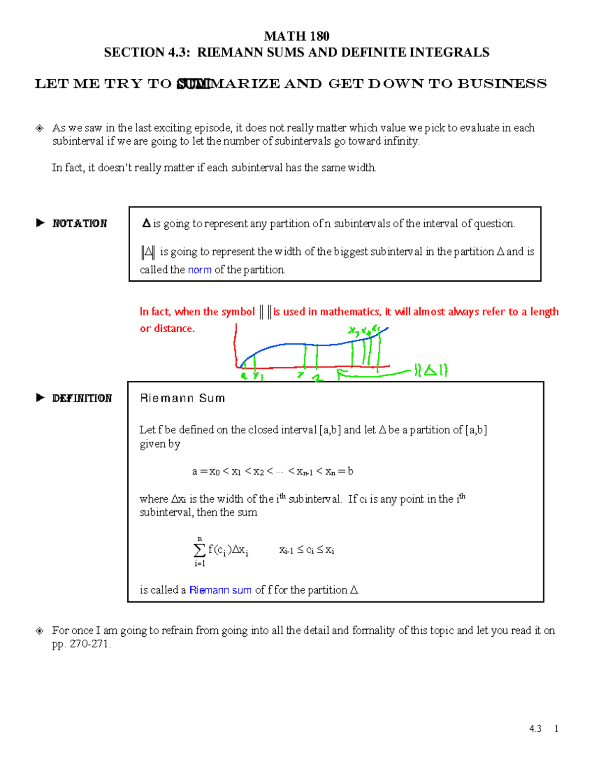 Lesson 4.3 Calc 2 - MATH 180 SECTION 4: RIEMANN SUMS AND DEFINITE ...