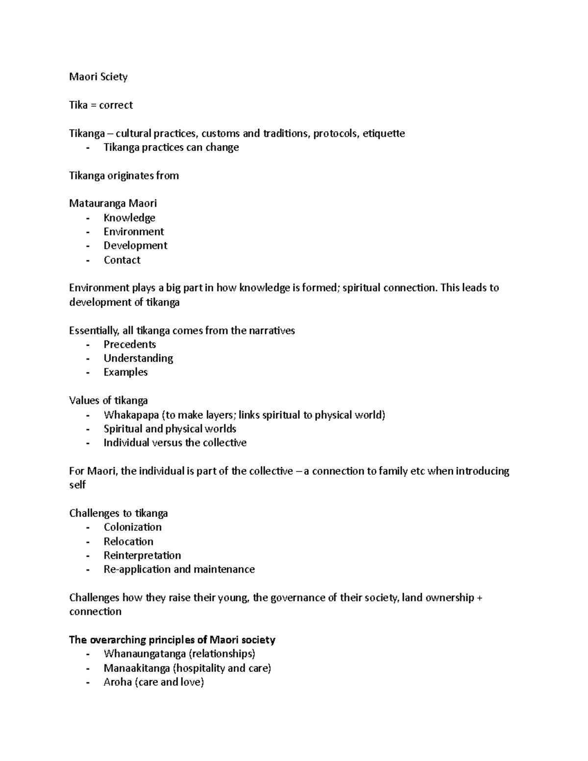 Maori Society notes - Maori Sciety Tika = correct Tikanga – cultural ...