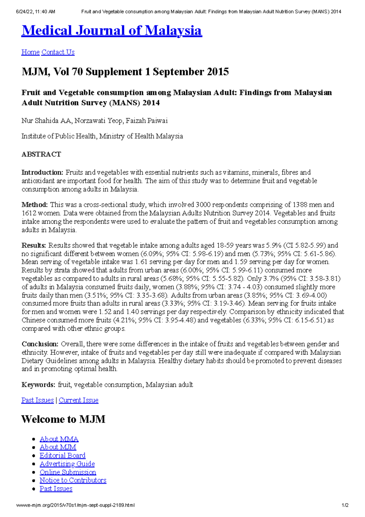 Fruit and Vegetable consumption among Malaysian Adult Findings from Malaysian Adult Nutrition ...