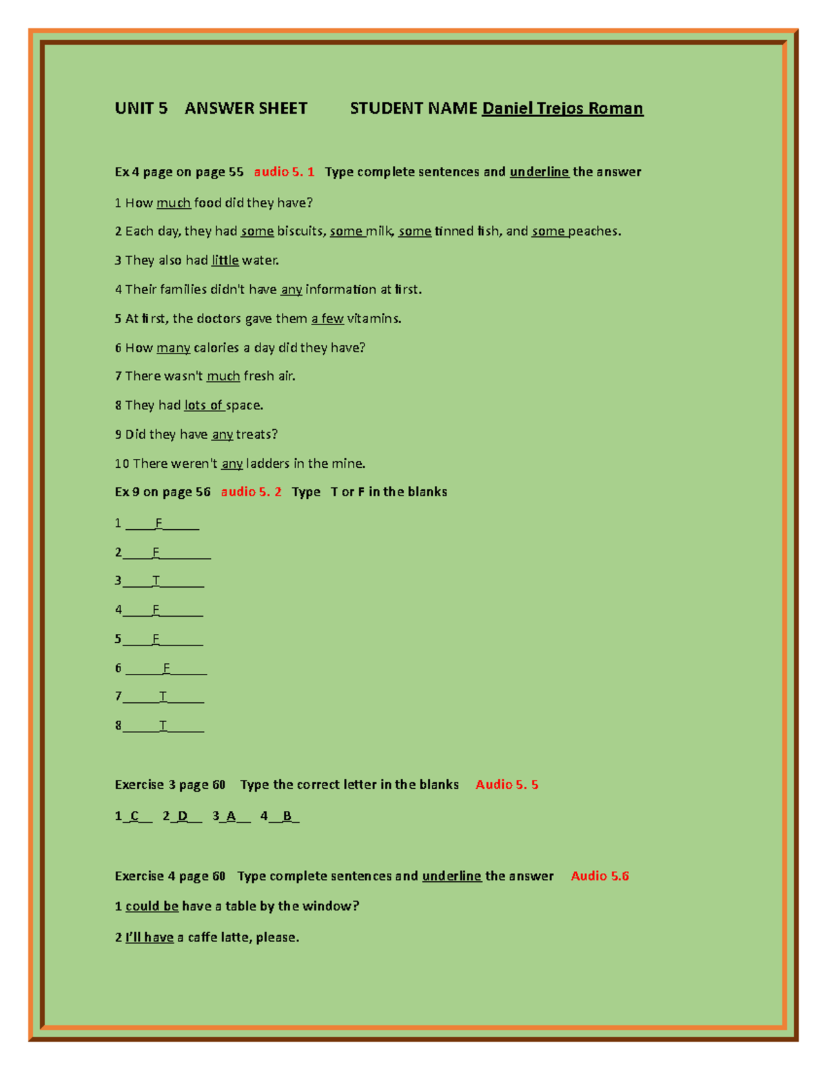 UNIT 5 Student Answer Sheet - UNIT 5 ANSWER SHEET STUDENT NAME Daniel ...