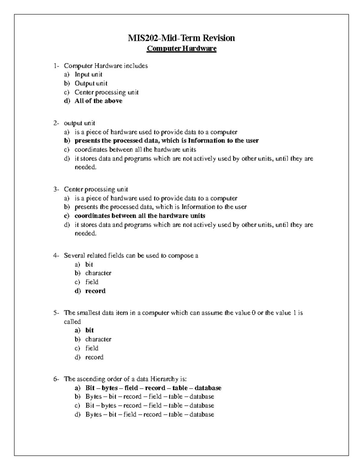 Revision-for-Mid Term - MIS202-Mid-Term Revision Computer Hardware 1 ...