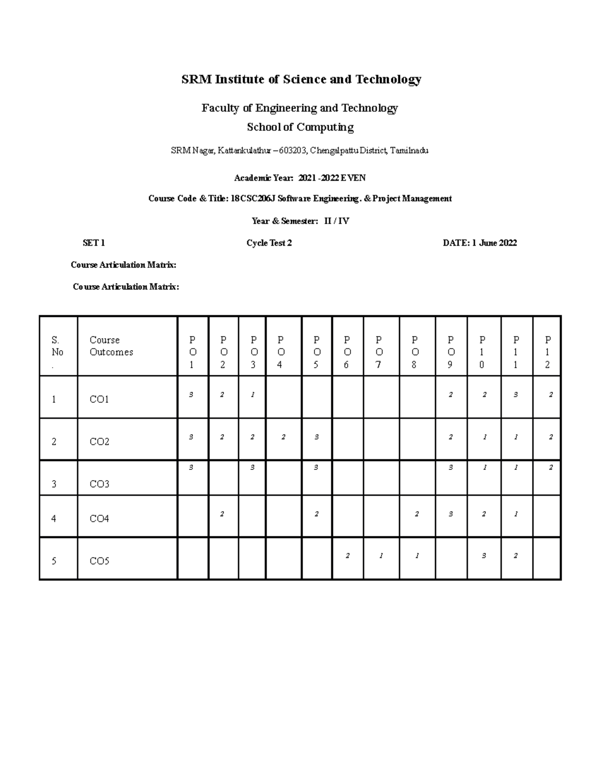 18CSC206J SEPM CT2 Answer Key - SRM Institute of Science and Technology Faculty of Engineering ...