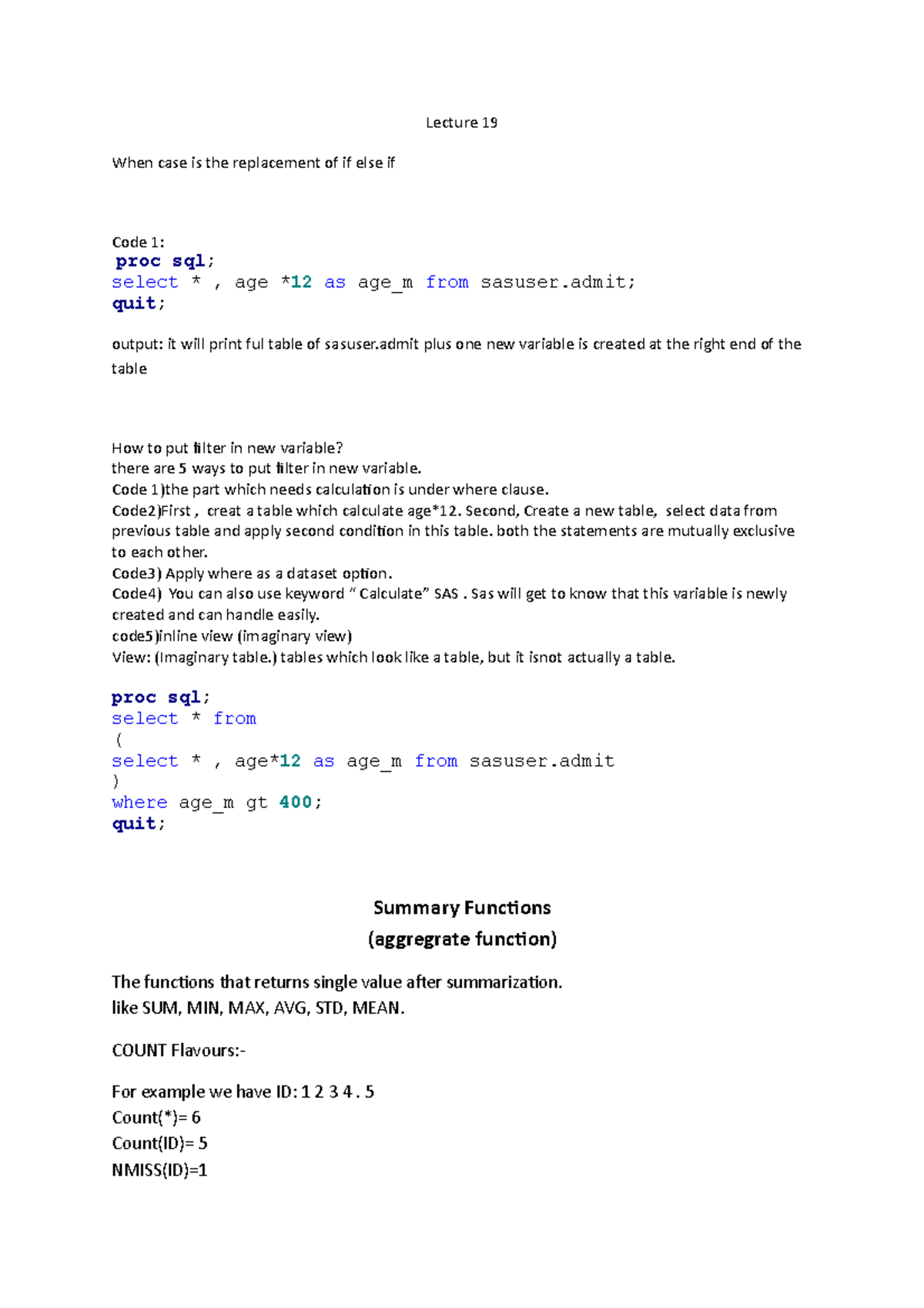 Lecture 19 Sas Notes Lecture 19 When Case Is The Replacement Of If