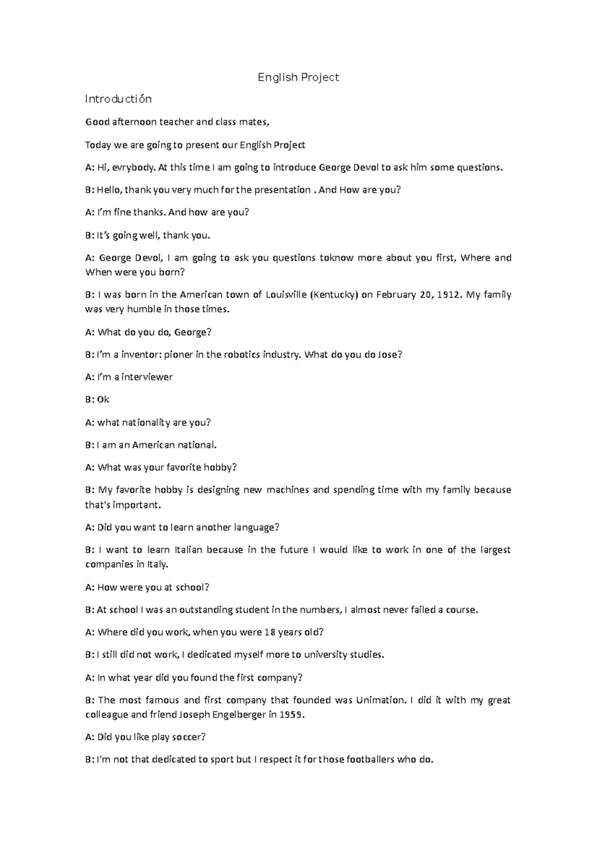 Dialogo de ingles - hbvv - English Project Introductión Good afternoon ...