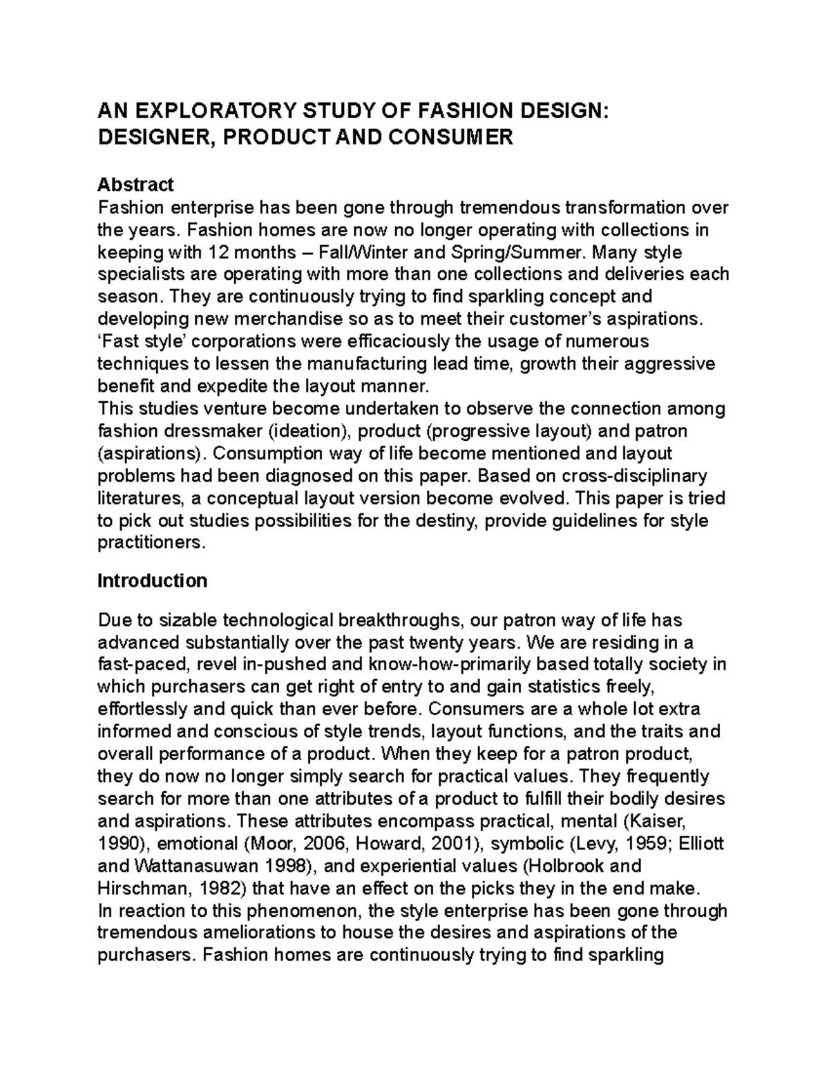 AN Exploratory Study OF Fashion Design Designer, Product AND Consumer ...