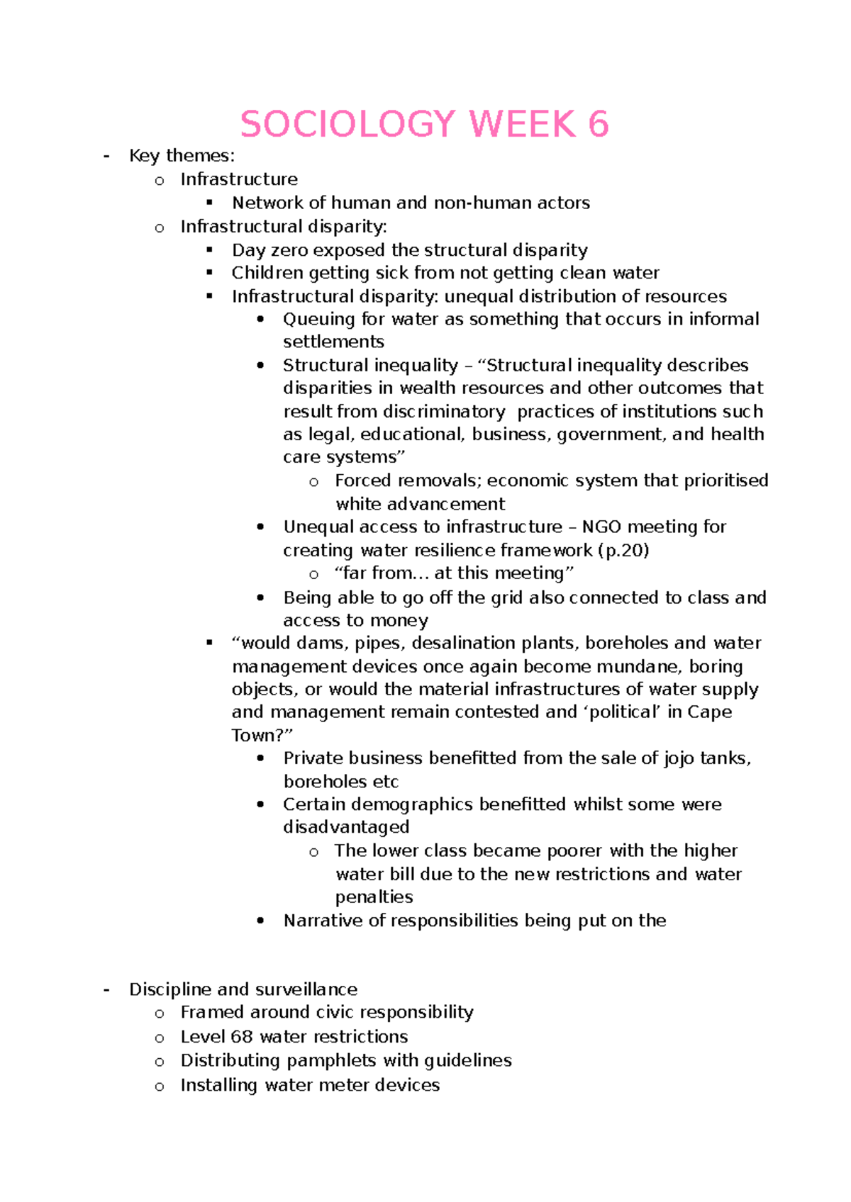 Sociology WEEK 6 - SOCIOLOGY WEEK 6 Key themes: o Infrastructure ...