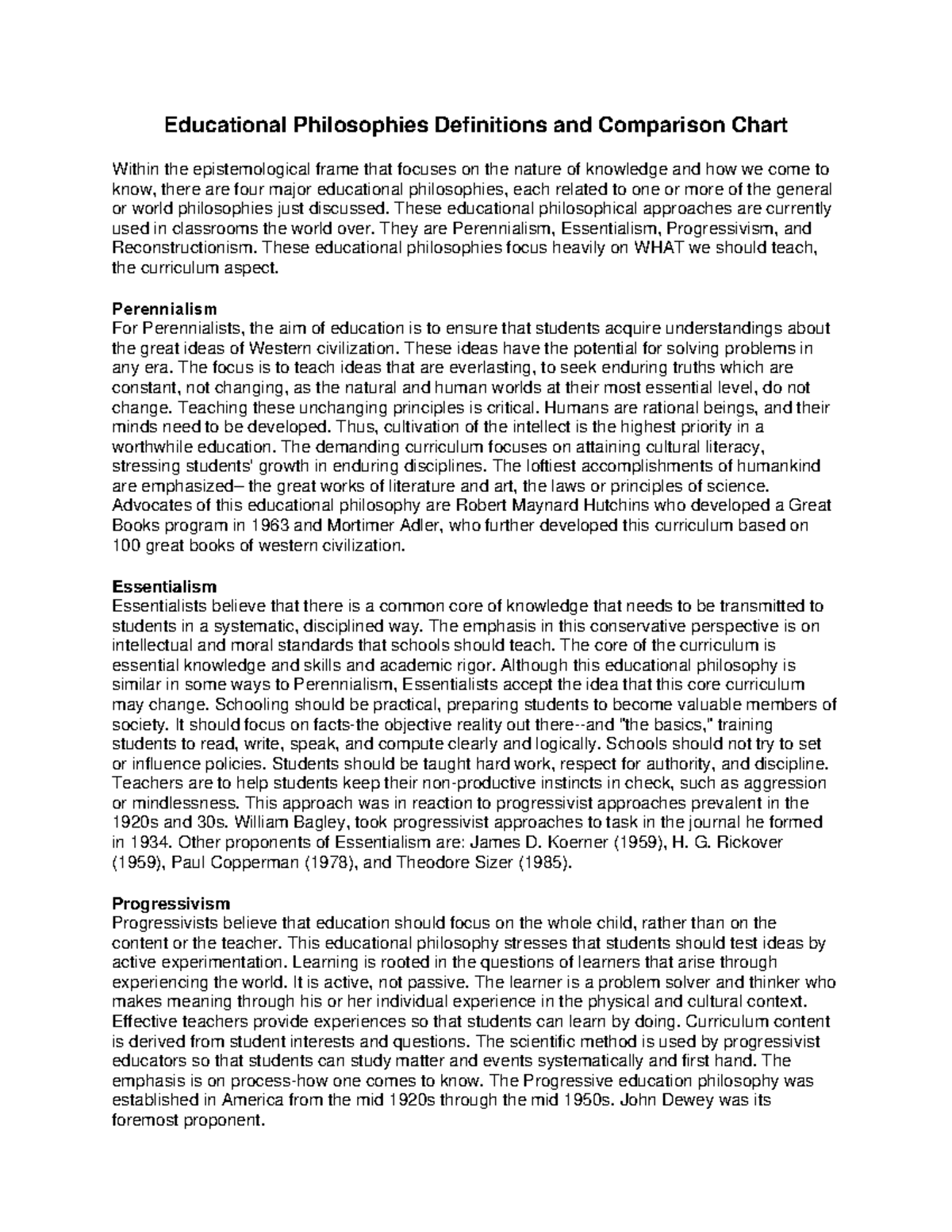 Philosophies in Education Comparison - Educational Philosophies ...