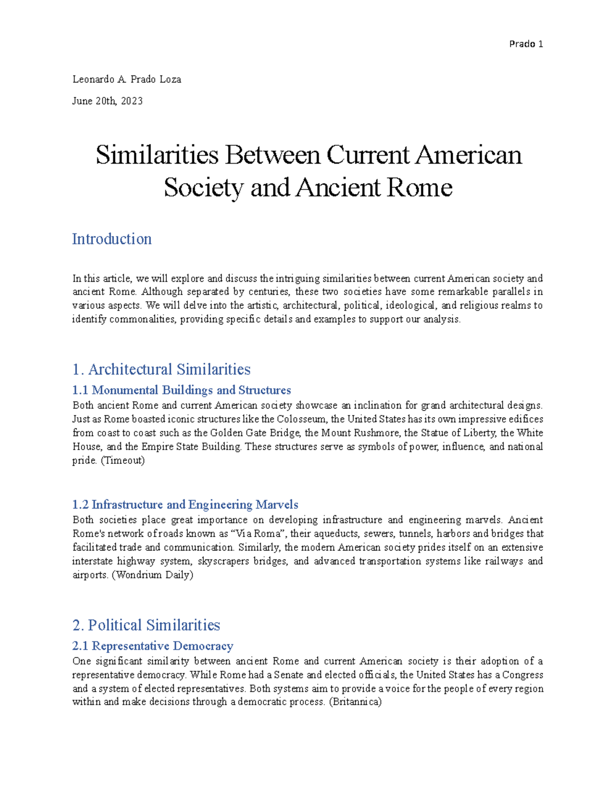Similarities between America and Rome - Prado 1 Leonardo A. Prado Loza ...