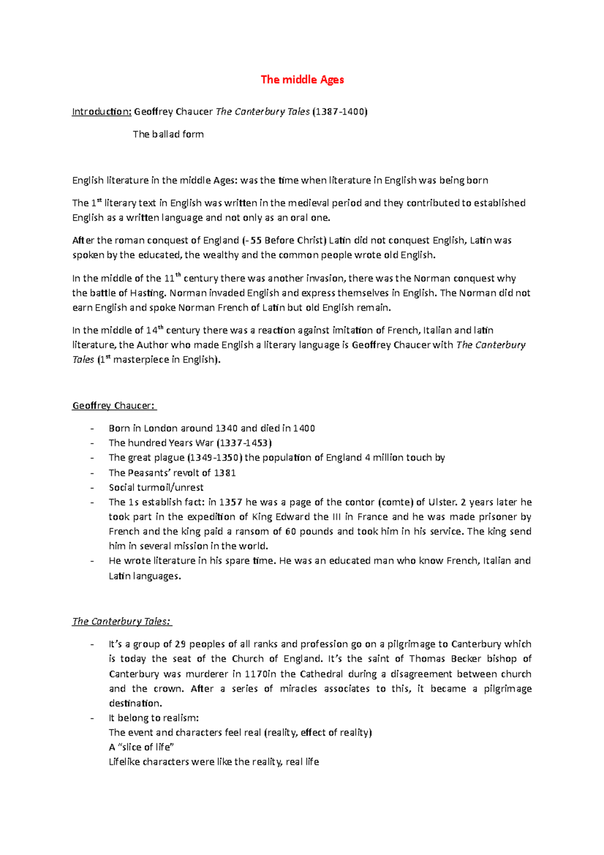 1. The middle ages - Notes de cours 1 - The middle Ages Introduction ...