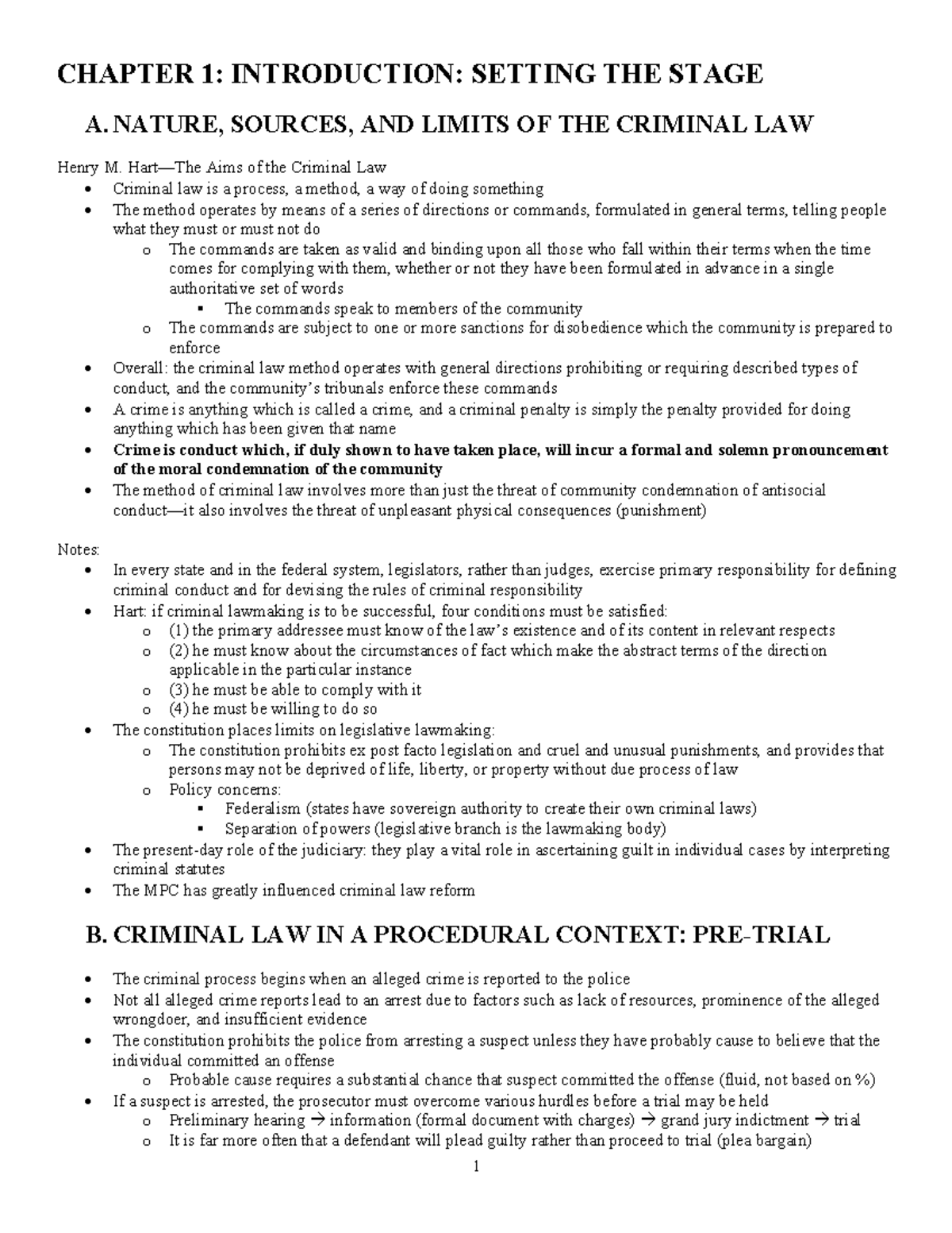 Criminal Law Final Exam Outline - CHAPTER 1: INTRODUCTION: SETTING THE STAGE A. NATURE, SOURCES ...