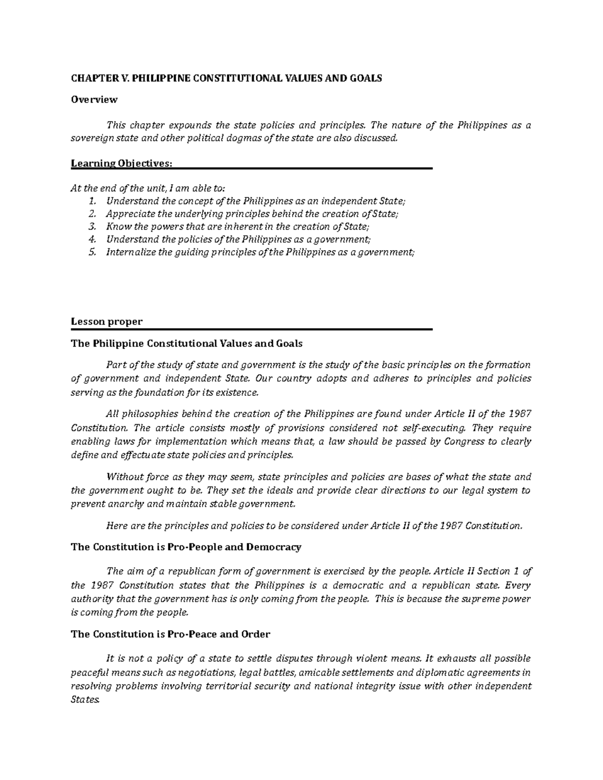 Phcongov 5 - LECTURE/ REVIEWER - CHAPTER V. PHILIPPINE CONSTITUTIONAL ...