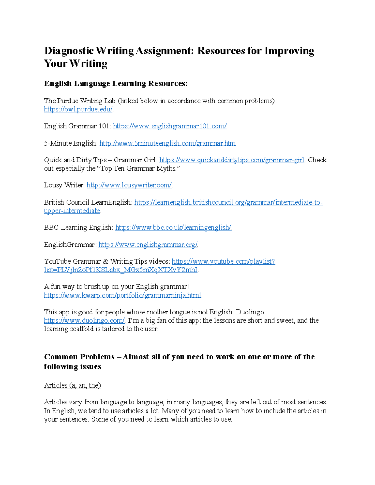 Improving Your Writing better version - Diagnostic Writing Assignment ...