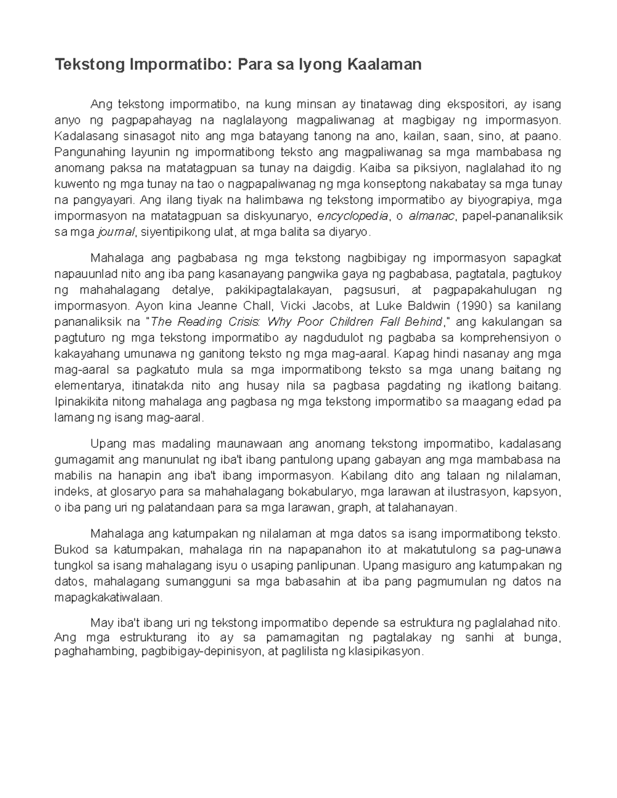 Tekstong-impormatibo - Tekstong Impormatibo: Para sa Iyong Kaalaman Ang ...