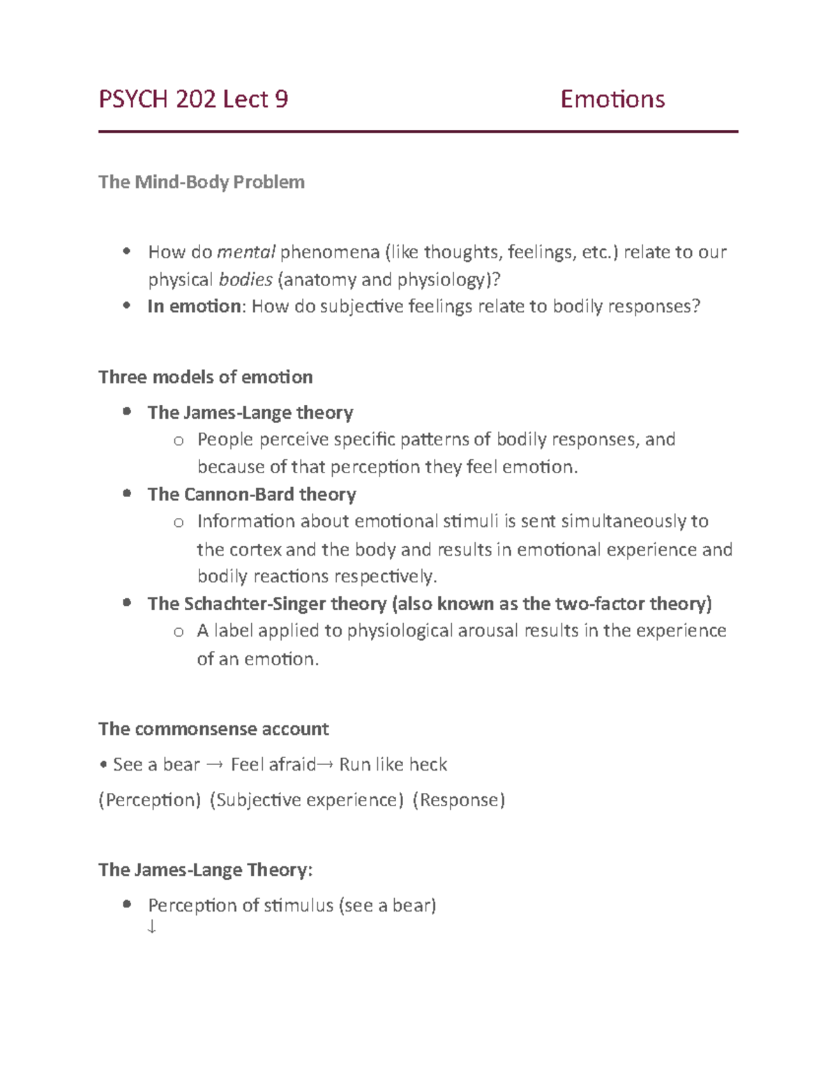 Psych 202 Lect 9 Emotions - PSYCH 202 Lect 9 Emotions The Problem How ...