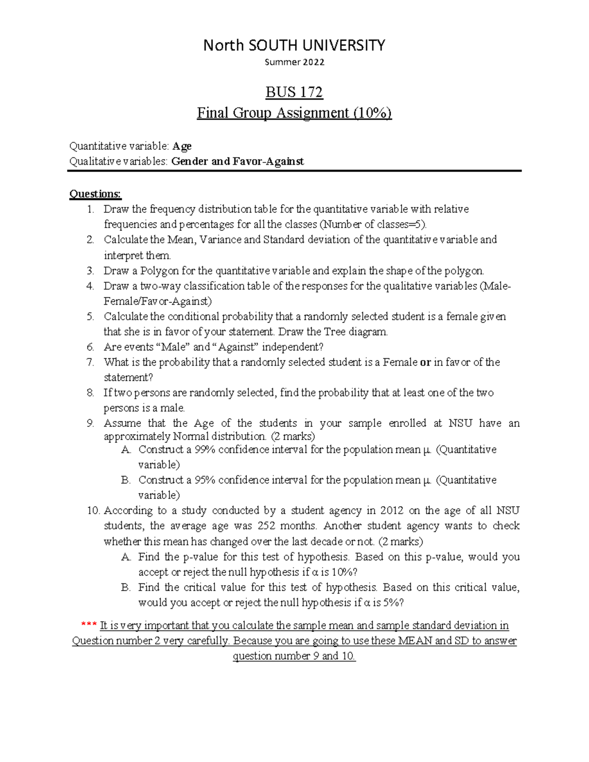 bus172 assignment - North SOUTH UNIVERSITY Summer 2022 BUS 172 Final ...