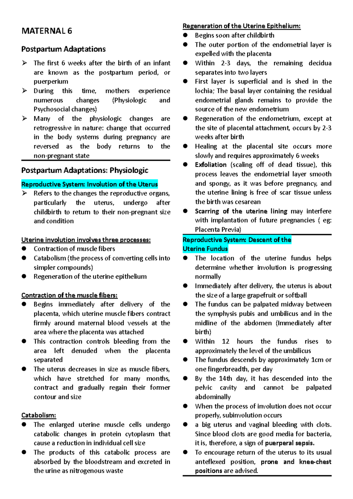 Maternal 6 ppt reviewer - MATERNAL 6 Postpartum Adaptations The first 6 ...