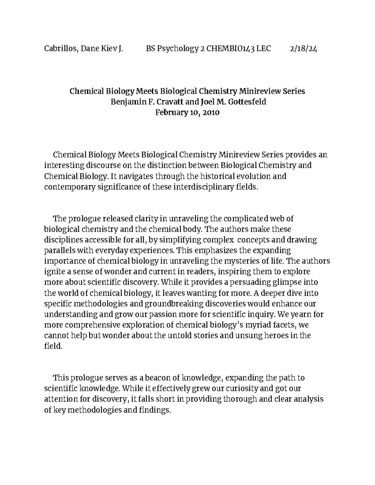 Critique Paper 1 - Cabrillos, Dane Kiev J. BS Psychology 2 CHEMBIO143 ...