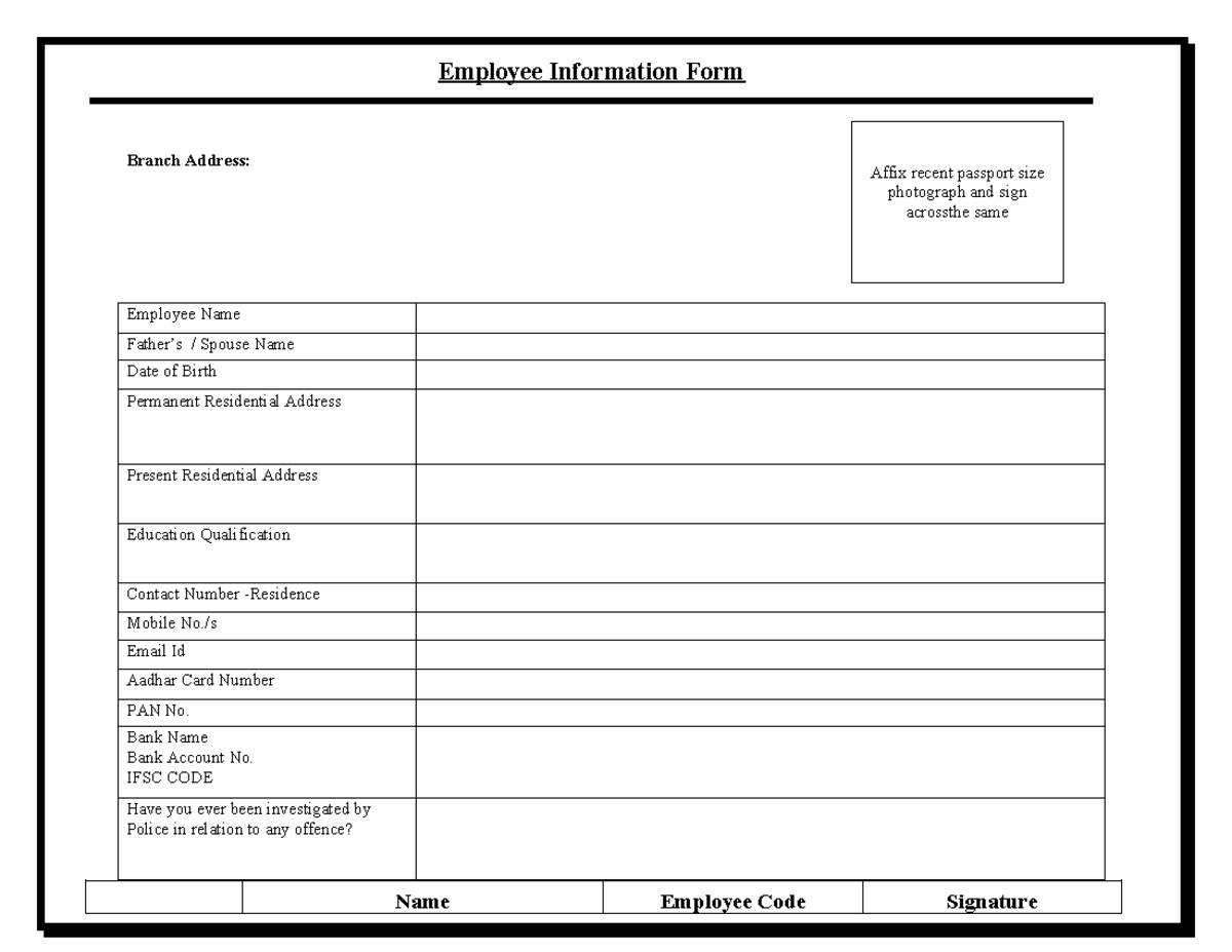 Updated Joining FORM Branch Office - Employee Information Form Name ...
