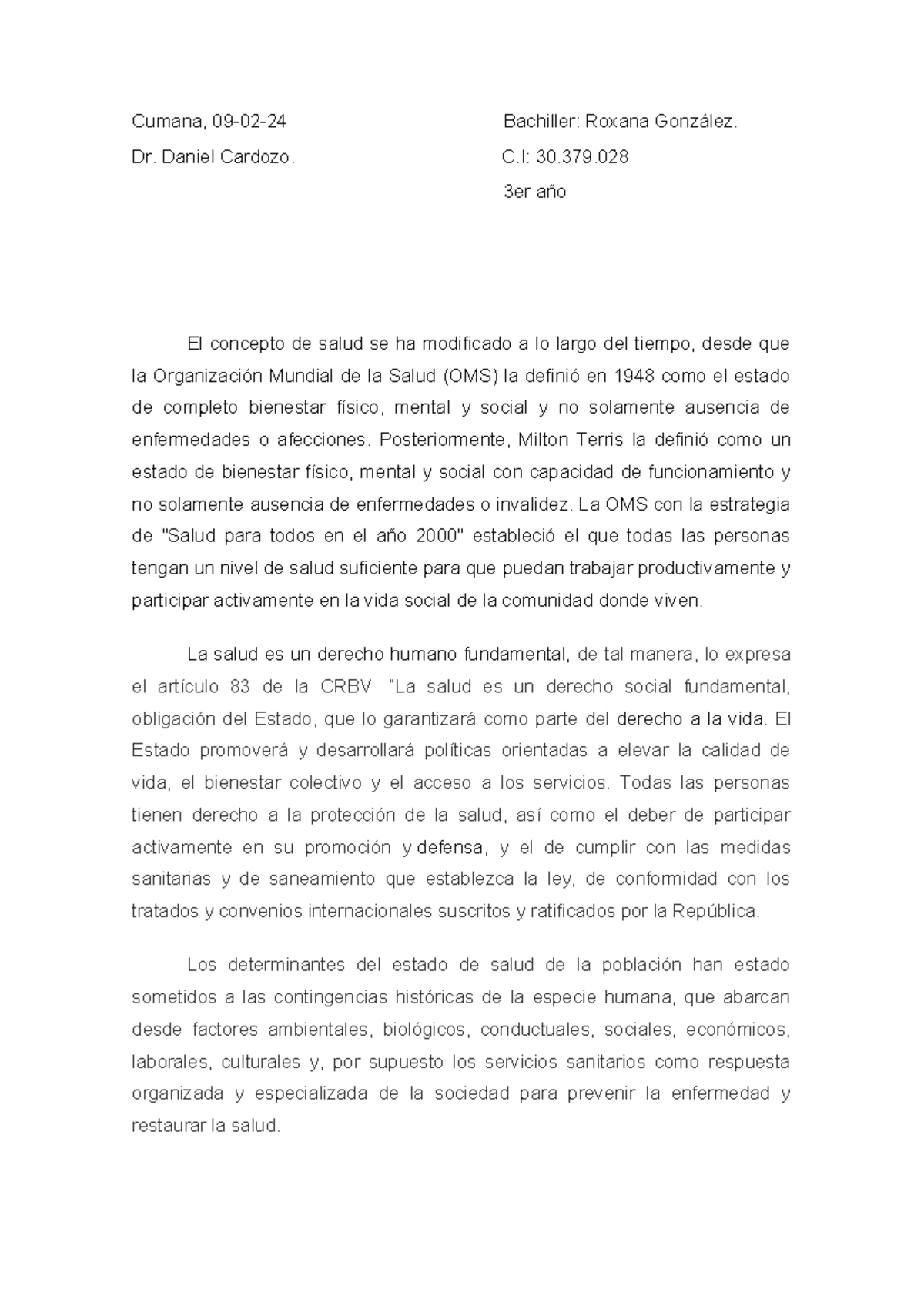 Trabajo de salud - kkhhh - Cumana, 09-02-24 Bachiller: Roxana González ...