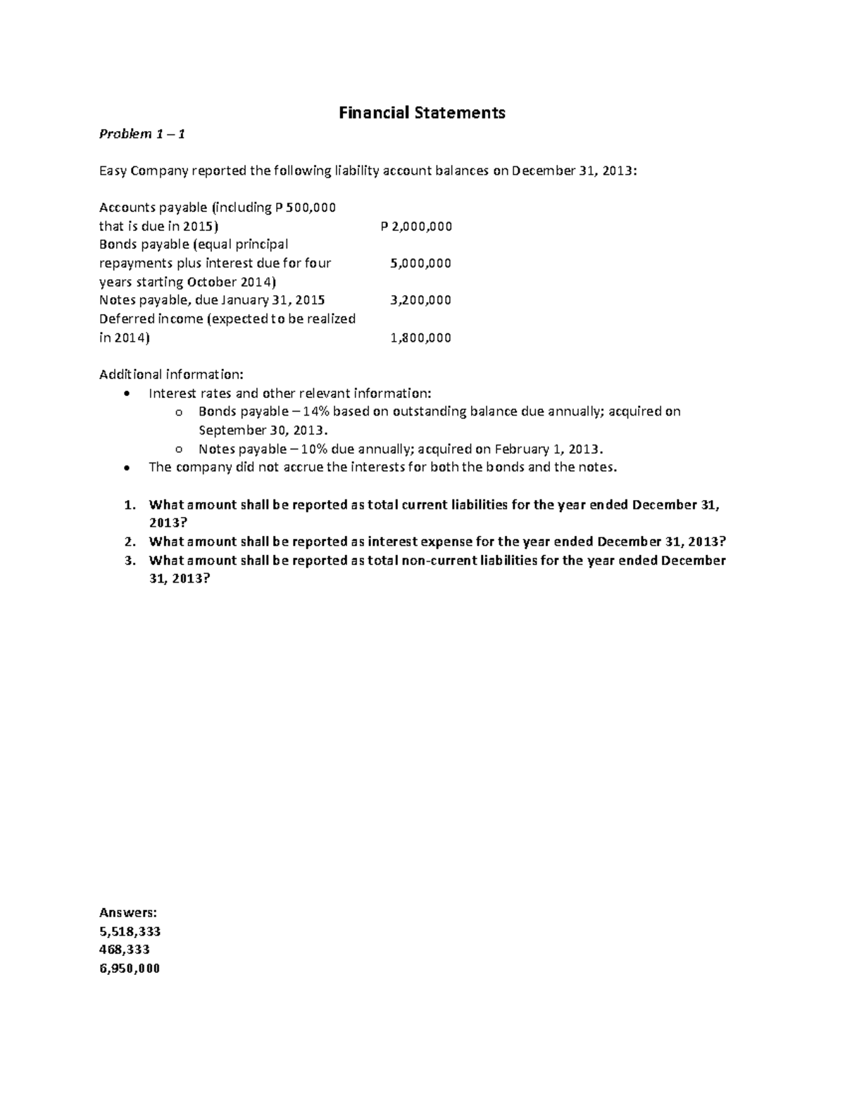Financial-Statements - Financial Statements Problem 1 – 1 Easy Company ...