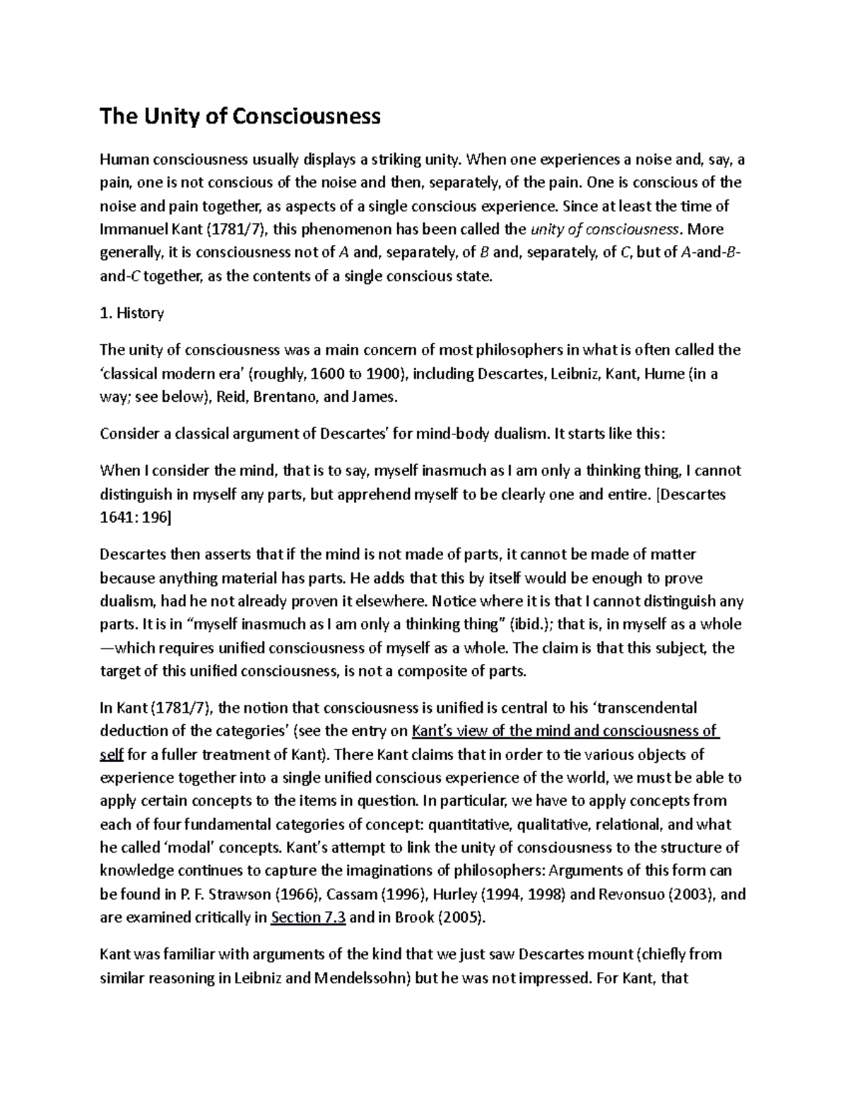 Lecture in The Unity of Consciousness - The Unity of Consciousness ...