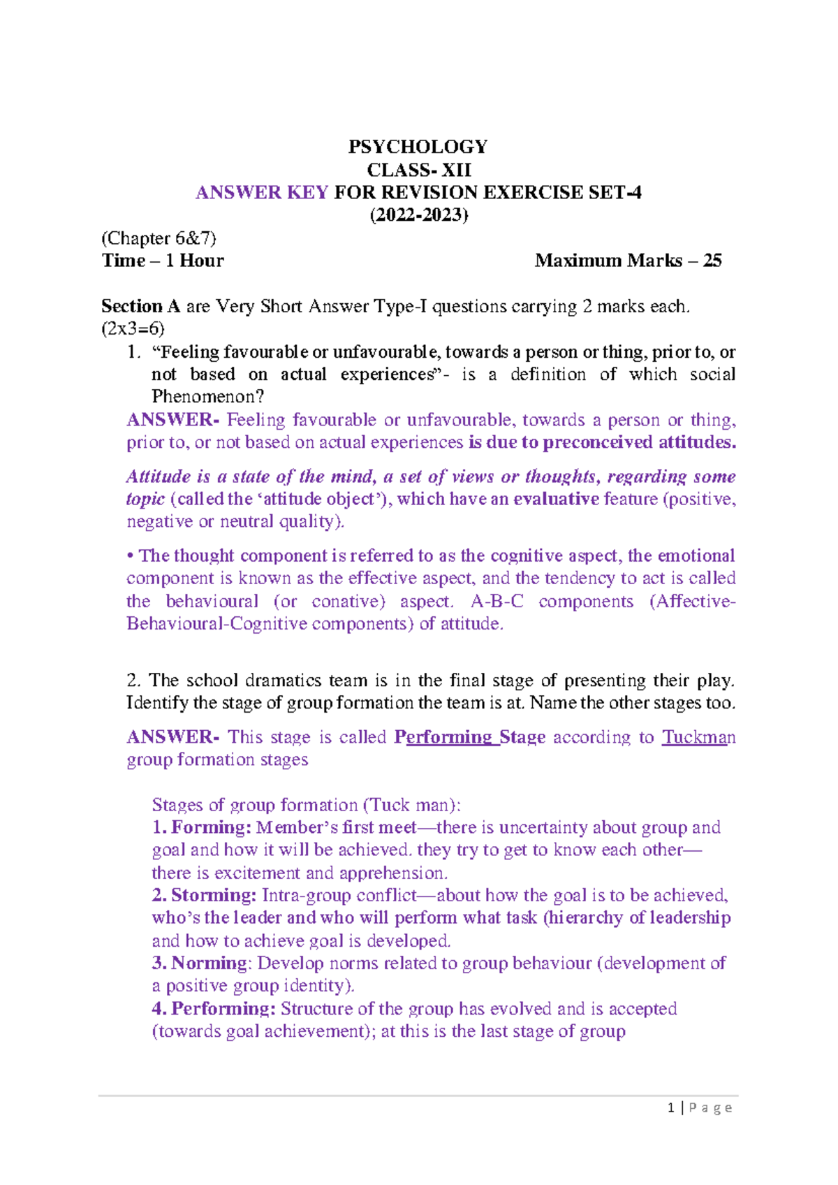 Class 12 Revision Test- Set 4 (2024) Answer Key - PSYCHOLOGY CLASS- XII ...