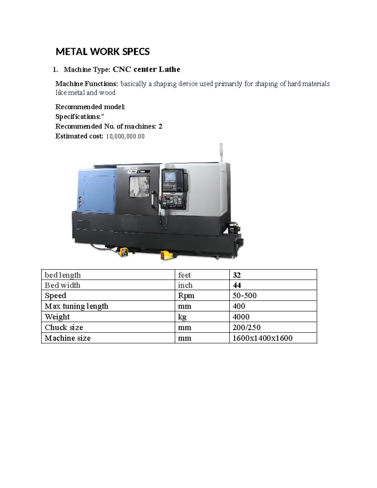 Metal WORK Specs-1 - METAL WORK SPECS 1. Machine Type: CNC center Lathe ...