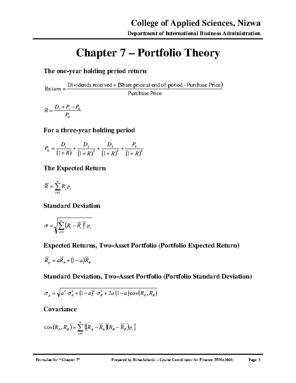 Formulas for Chapter 7 - Understand the financial markets and their ...