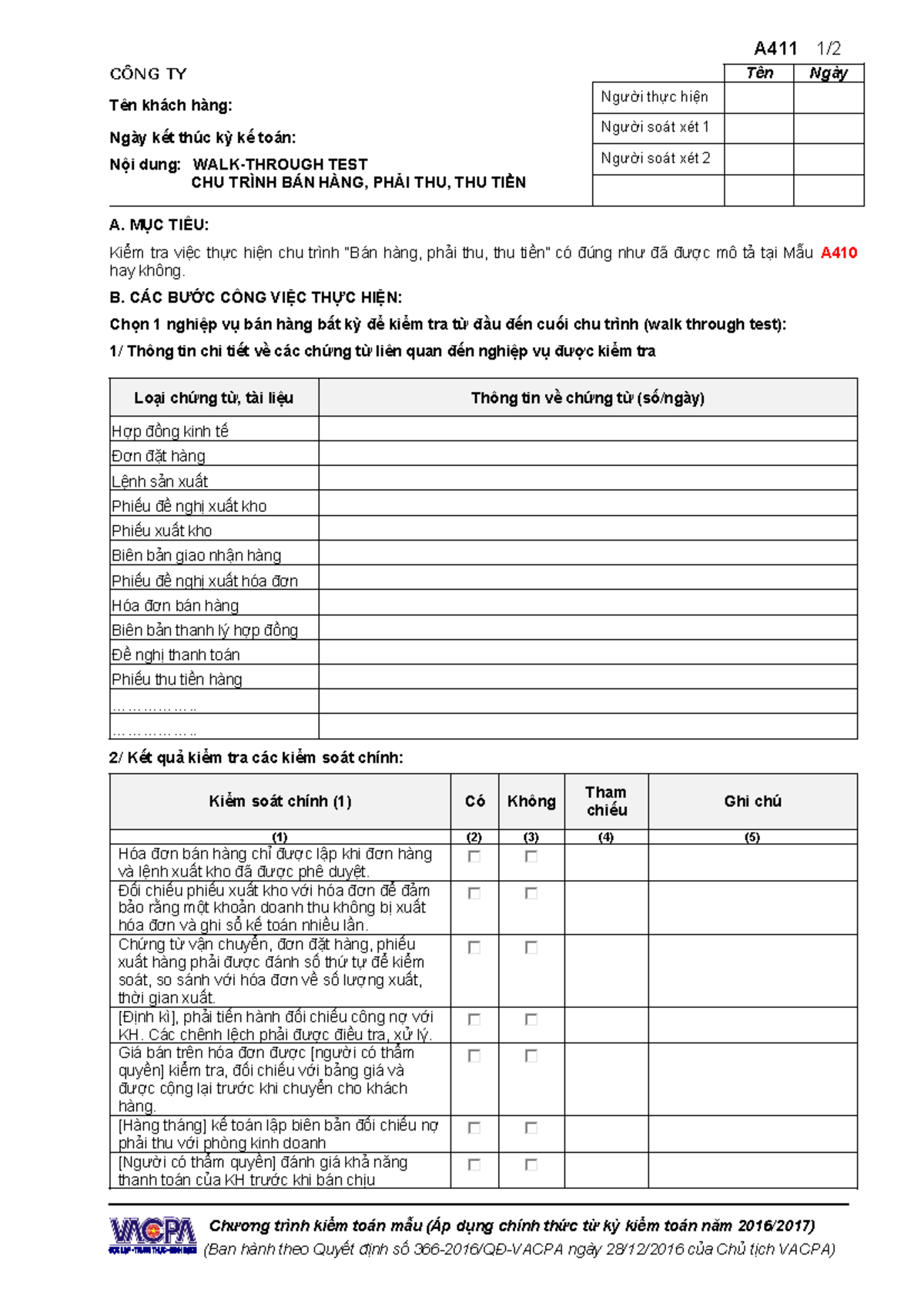 A411 Walk through chu trinh ban hang phai thu thu tien (x) - A411 1 / 2 CÔNG TY Tên khách hàng ...