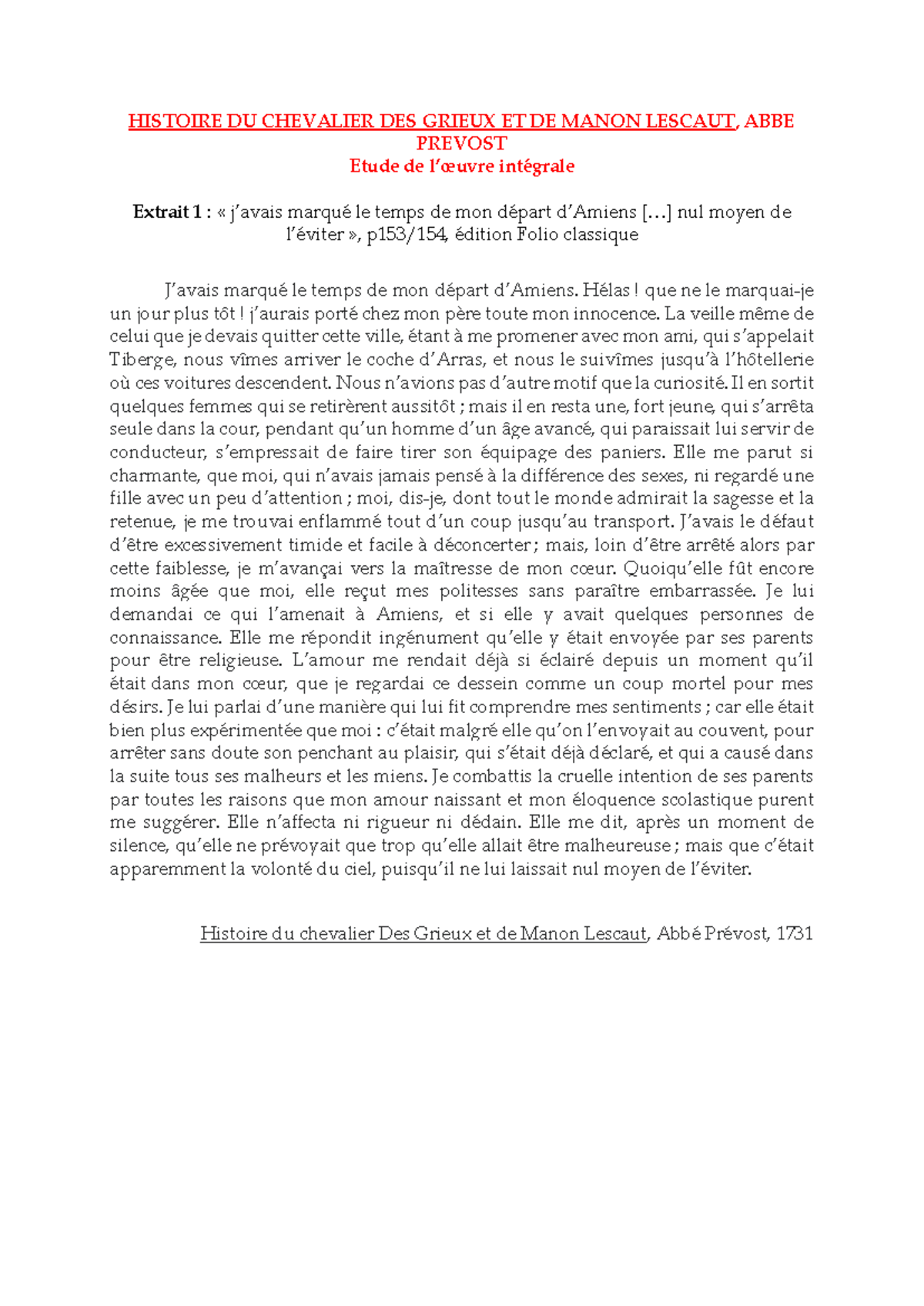 Texte EAF Manon Lescaut extrait - HISTOIRE DU CHEVALIER DES GRIEUX ET ...