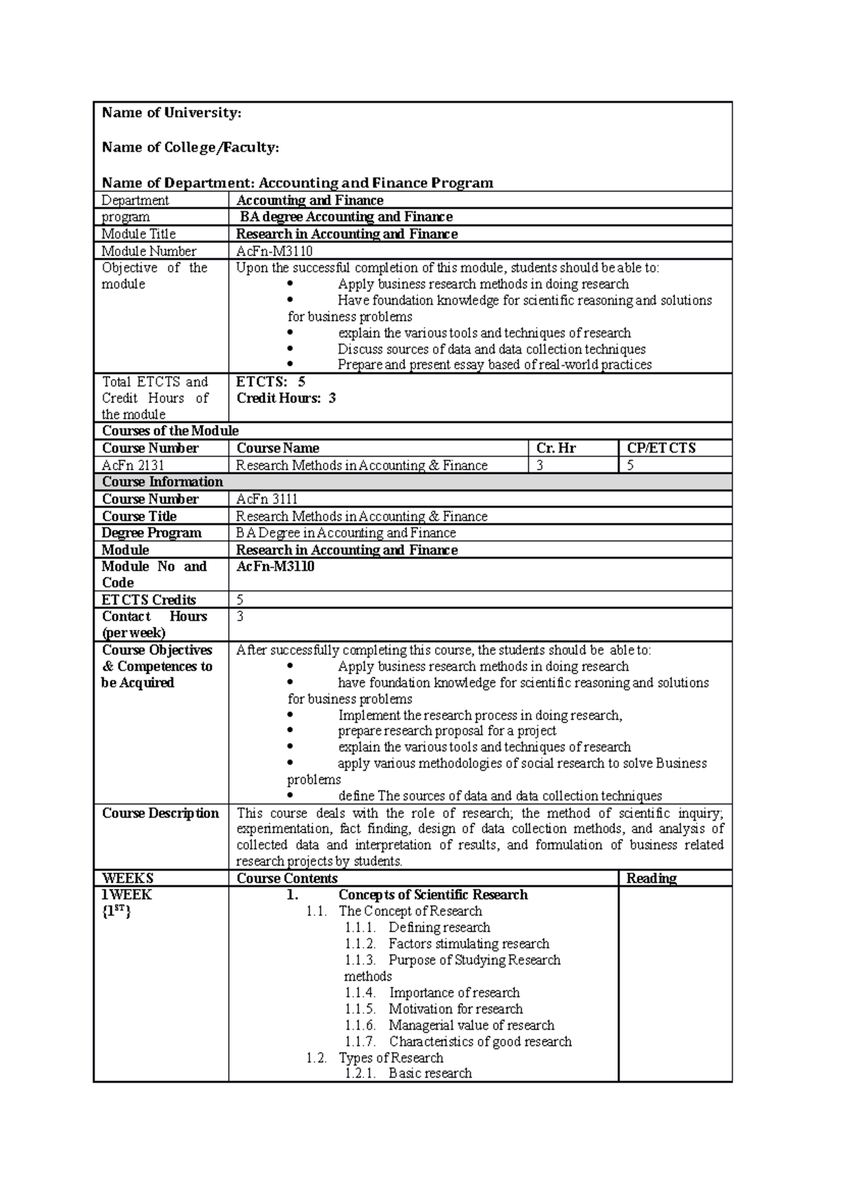 RM course outline - Name of University: Name of College/Faculty: Name ...